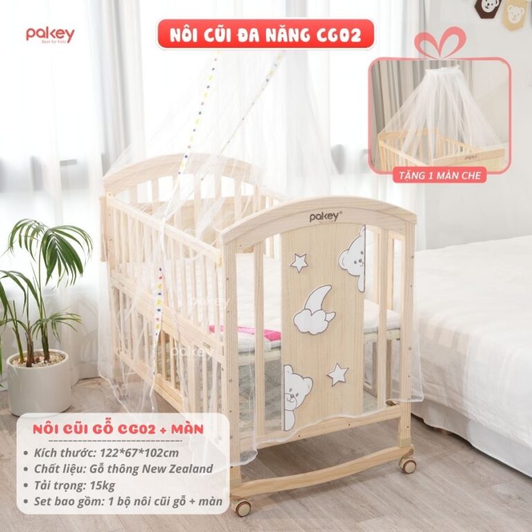 Nôi cũi, giường cũi gỗ đa năng 6in1 Pakey CG02 kèm màn