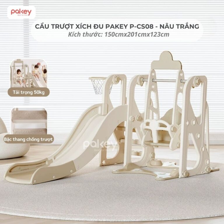 Bộ cầu trượt xích đu cho bé cao cấp màu trắng - nâu Pakey P-CS08